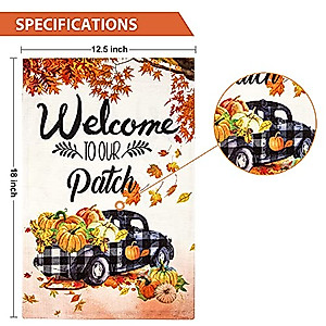 Unves Fall Garden Flag 12.5x18 Double Sided , Fall Porch Decor Burlap Pumpkin with Maple Leaves Welcome to Our Patch, Small Fall Yard Flag for Outside House Harvest Autumn Thanksgiving Decorations
