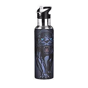 senya 20 Oz Water Bottle with Straw Roaring Black Panther Stainless Steel Water Bottle for Traveling Sports Leakproof Insulated Water Bottle