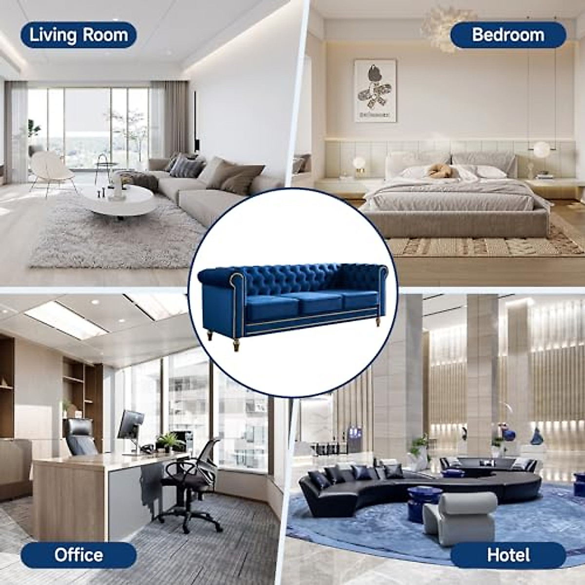 NIOIIKIT 84.65” Chesterfield Velvet Sofa, Button Tufted Upholstered Couch with Scroll Arms, 3 Seater Long Couch for Living Room, Bedroom, Office, Apartment (Chesterfield, Blue)