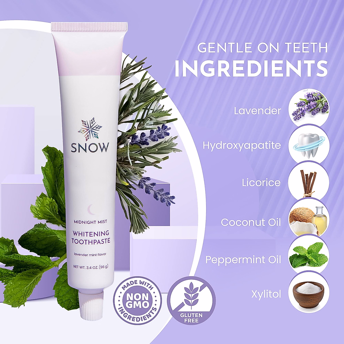 SNOW Daily Hydroxyapatite Whitening Toothpaste - Oral Care Paste for Teeth Whitening - PM Toothpaste with Xylitol & Hydroxyapatite - Lavender & Mint Flavor (Midnight Mist)
