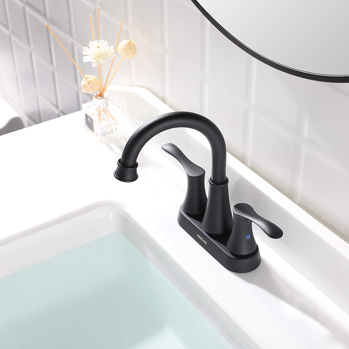 PARLOS 2-Handle Bathroom Sink Faucet High Arc Swivel Spout with Metal Drain Assembly and Faucet Supply Lines, Matte Black, Demeter 14134