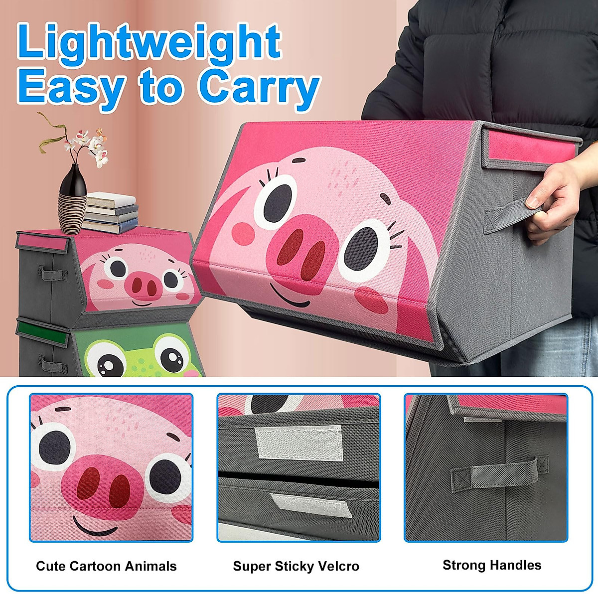 VERONLY 3 Pack Stackable Storage Bins for Boys and Girls, Kids Storage Drawers Boxes with Lids, Foldable Closet Organizers with Velcro for Bedroom, Playroom, Kindergarten, Nursery(Pink, Green, Blue)