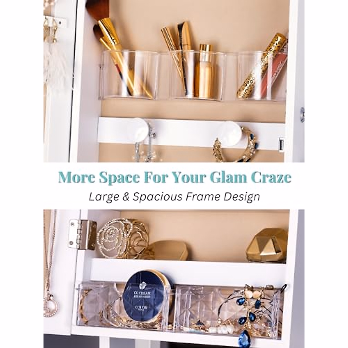 LUXFURNI LED Light Jewelry Cabinet Standing Full Screen Mirror Makeup Lockable Armoire, Large Cosmetic Storage Organizer w/Brush Holder (White)