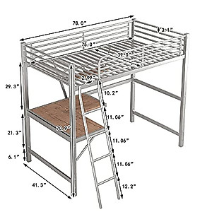 Anwickmak Twin Size Loft Bed with Desk and Shelf, Metal Loft Bed Frame, Loft Bed with Ladders and Safety Guard Rails for Boys,Girls, Teens, Adults