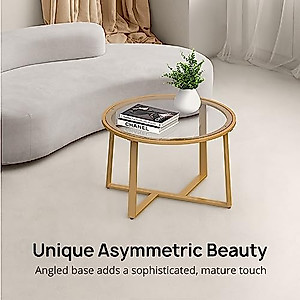 Evajoy Round Glass Coffee Table, 27.6" Gold Coffee Table with Tempered Clear Glass Surface for Living Room, Simple & Modern Center Circle Coffee Table for Small Space, Easy Assembly