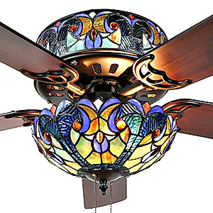 RIVER OF GOODS Tiffany-Style Halston Stained Glass Ceiling Fan - 52" L x 52" W - Mahogany and Black Fan Blades - Blue