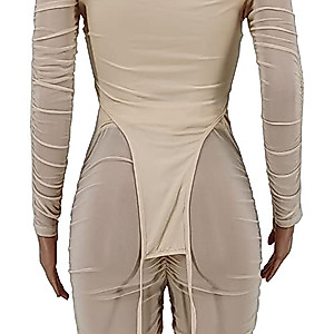 Uni Clau Women Sexy Sheer Mesh Deep V Neck Two Piece Outfits Long Sleeve See Through Skinny Long Pants Club Long Romper Jumpsuit Beige M