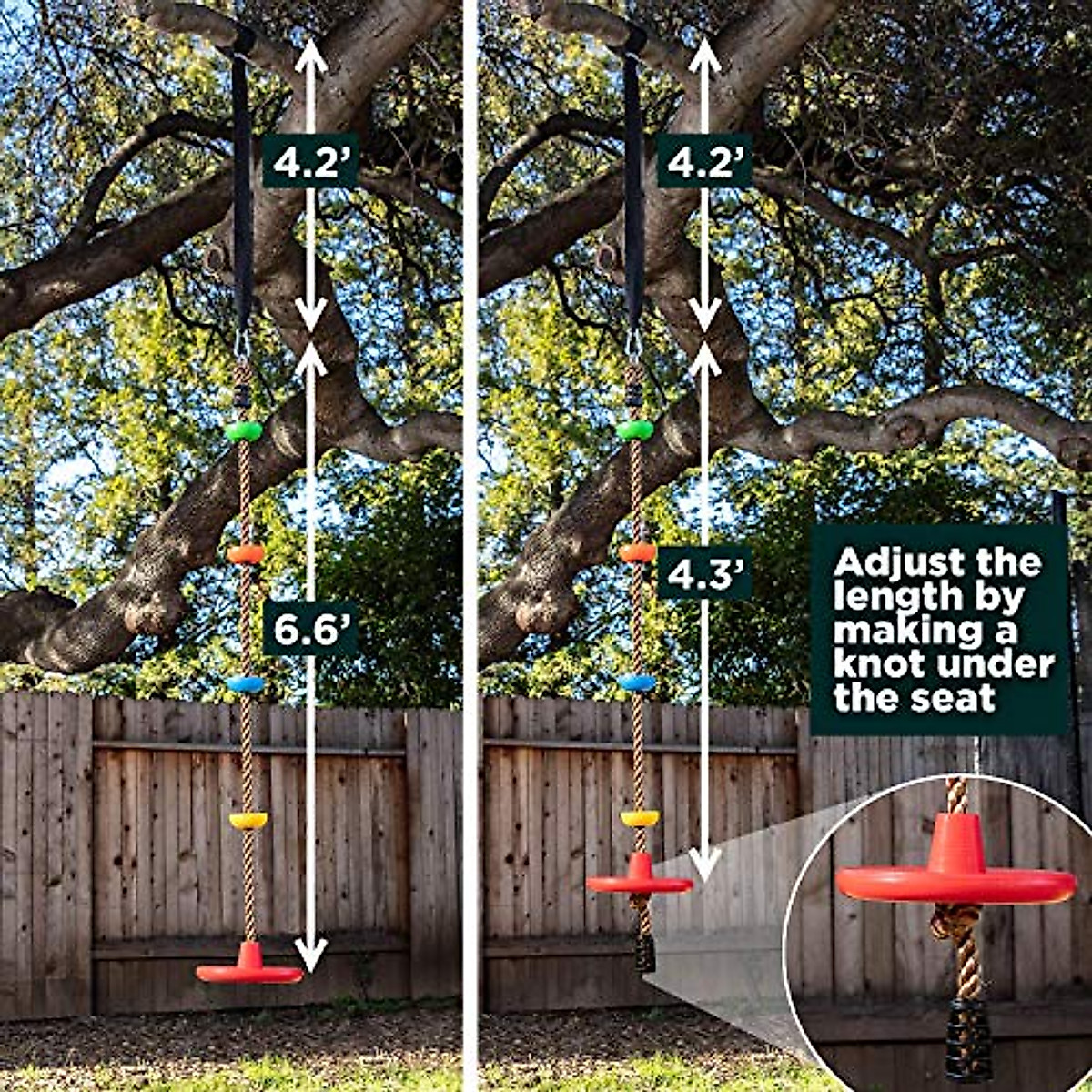 LAEGENDARY Tree Swing for Kids - Single Disk Outdoor Climbing Rope w/Platforms, Carabiner & 4 Ft Tree Strap - Playground Accessories - Multicolored