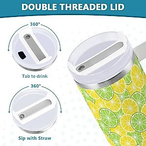 Wfrish Tumbler with Handle and Straw Lid,Round Slices Lime Lemon Yellow Green 40 oz Insulated Coffee Cup Stainless Steel Fruit Water Bottle Travel Mug Cupholder Friendly,Gifts for Women Men