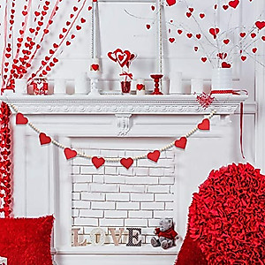 Valentine's Day Wood Bead Garland for Fireplace Mantel - Red Felt Hearts Love Decor Banner Natural Boho Modern Farmhouse Beaded Wall Hanging, Engagement Banner Photo Backdrop