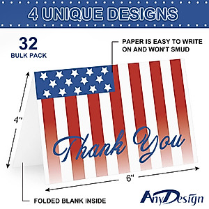 AnyDesign 32 Pack Patriotic Thank You Cards American Flag Stars Stripes Thank You Note Cards with Envelopes Stickers 4th of July Blank Greeting Cards for Independence Day Memorial Day Supplies