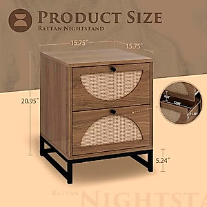 Woenei Rattan Nightstands End Table-Night Stand with 2 Drawers, Wood Accent Cabinet Set,Farmhouse Side Table with Storage, Bedside Tables for Living Room, Bedroom (1, Walnut)