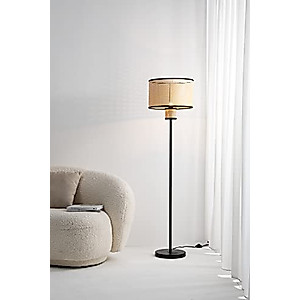 VidaLite Nakuv - Modern Bohemian Floor Lamp with 2 Tier PVC Rattan Shade and Velvet Stiched Rim for Foyer, Kitchen Living Room, Bedroom, Beige