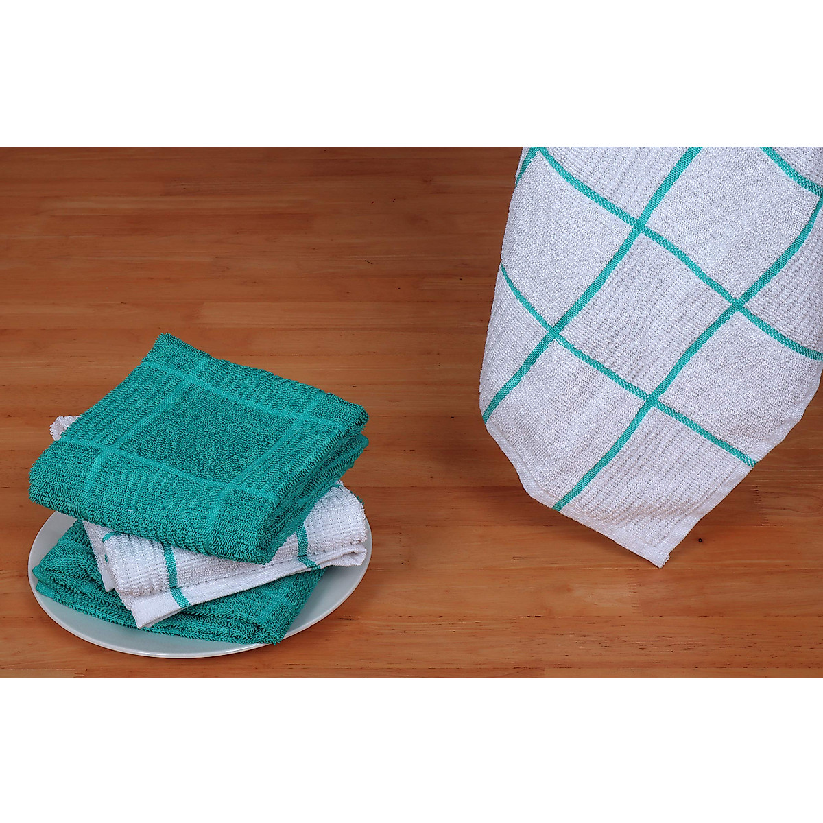 AMOUR INFINI Kitchen Towels Pack of 4 Absorbent, Quick Drying Premium Terry Cotton Dish Towel with Hanging Loop 16x28 Inch Hand & Tea Towels (Teal)