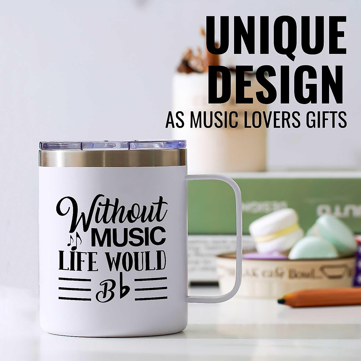Onebttl Music Lover Gifts For Men, Male, Him - Without Music Life Would B Flat - 12 oz /350 ml Insulated Mugs with Lid - Musician Gifts, Musical Lovers Gift - (White)
