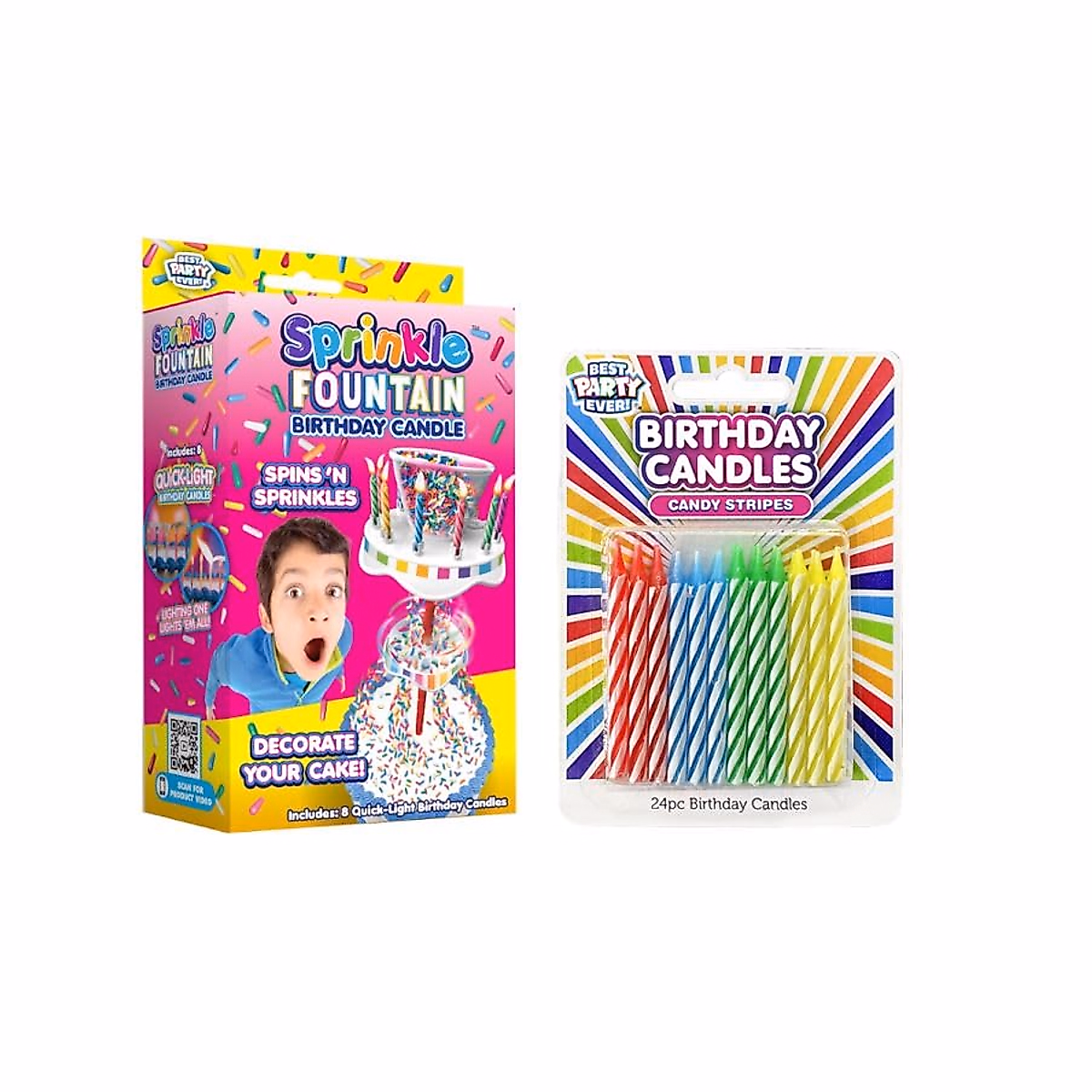 BEST PARTY EVER! Sprinkle Fountain Birthday Candle with 32 Candles, Reusable Sprinkle Spinning Birthday Cake Topper, Decorate Your Cake in Sprinkles