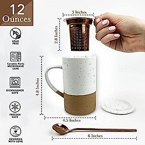 Mora Ceramics Tea Cup with Loose Leaf Infuser, Spoon and Lid, 12 oz, Microwave and Dishwasher Safe Coffee Mug - Rustic Matte Ceramic Glaze, Modern Herbal Tea Strainer - Great Gift for Women, Petro