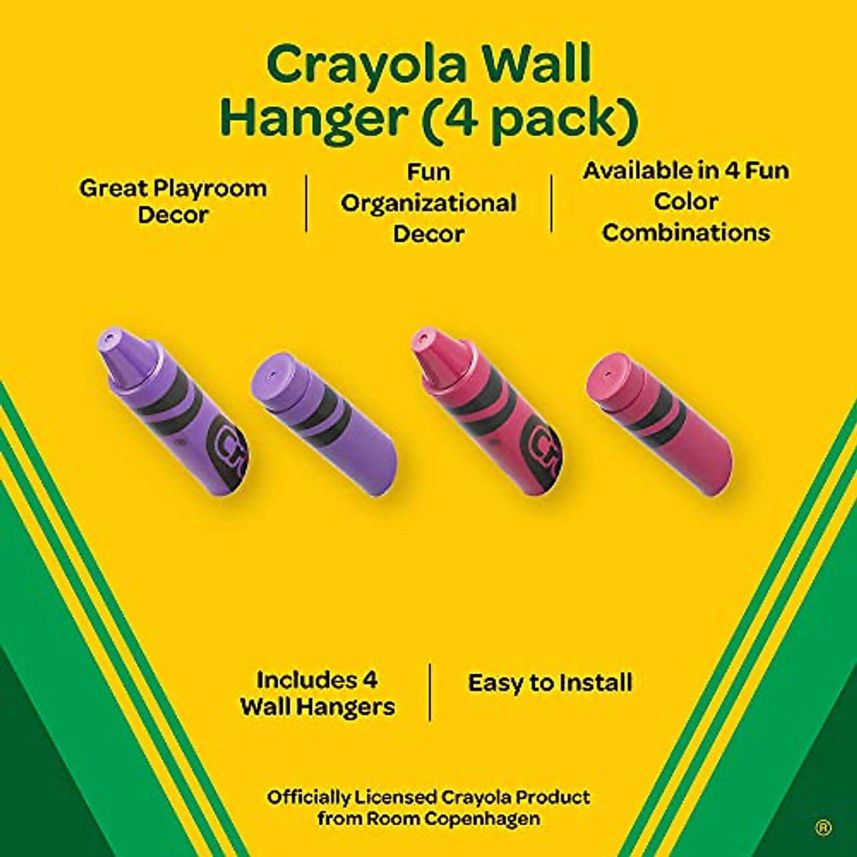 Room Copenhagen, Crayola Wall Hangers Organizational Décor – Set of 4 Crayon Wall Hooks for Storing Jackets, Bags, and More - Bold Blush (2X Razzmatazz, 2X Violet)