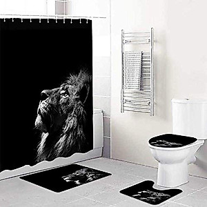 4 PCS Wild Animal Shower Curtain Sets with Non-Slip Rugs and Toilet Lid Cover Lion Dark Grey Majestic Forest King Bath Decor Shower Curtains 72"x 72" with 12 Hooks Durable Waterproof for Bathroom