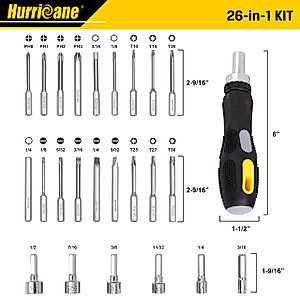 Hurricane 26 Piece Ratcheting Screwdriver Set with Chrome Vanadium Steel Bits, Durable Nylon Pouch
