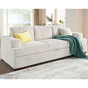 VanAcc 89in Sofa Couch, Corduroy Sofa-Comfy Couch with Wood Legs, 3 Seater Sofa- Deep Seat Couches for Living Room, White