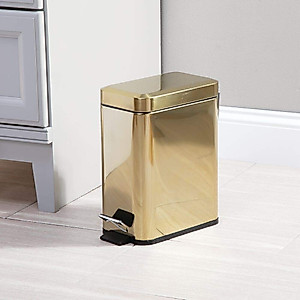 mDesign Small Modern 1.3 Gallon Rectangle Metal Lidded Step Trash Can, Compact Garbage Bin with Removable Liner Bucket and Handle for Bathroom, Kitchen, Craft Room, Office, Garage - Soft Brass