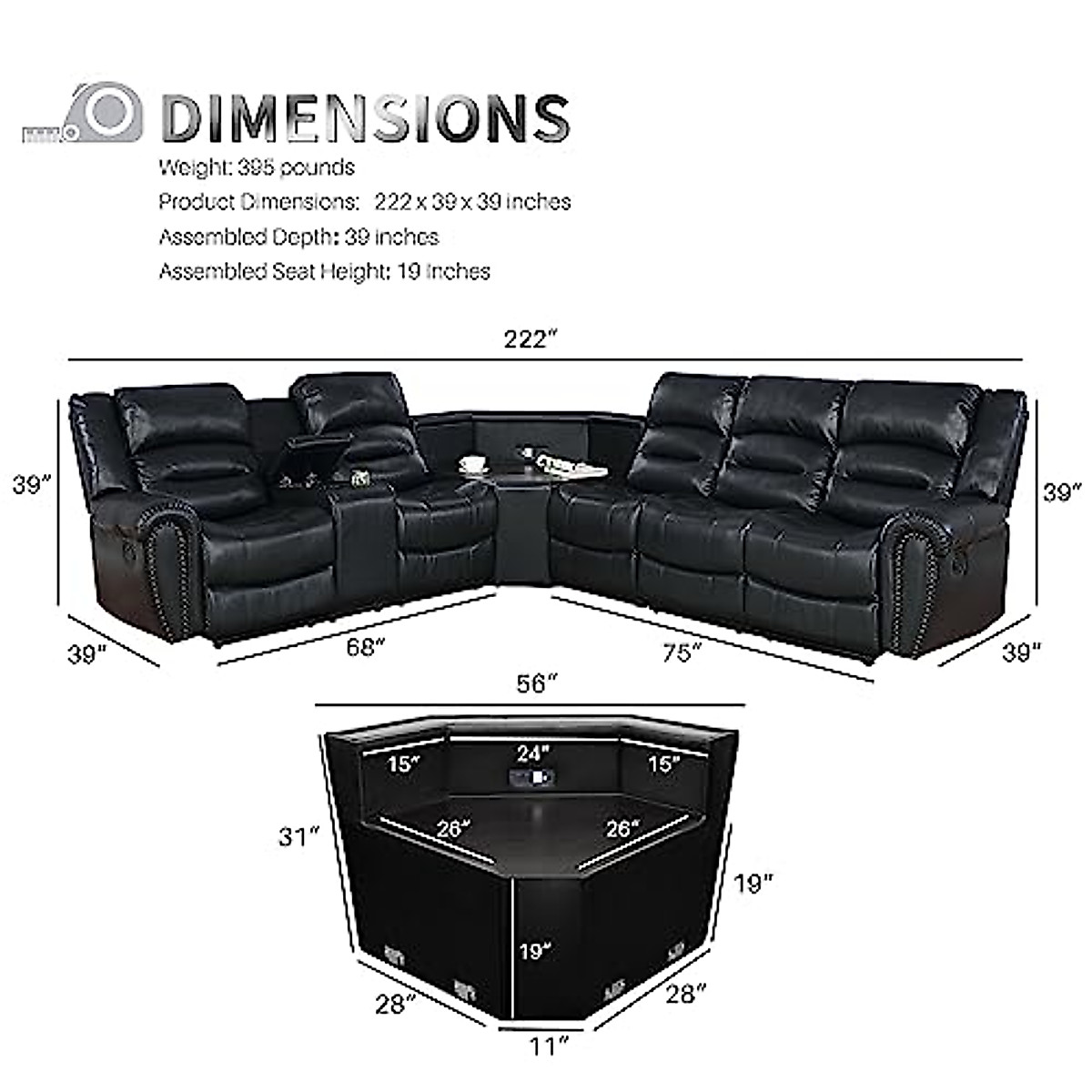 Nathaniel Home Leather Reclining Sectional, Black