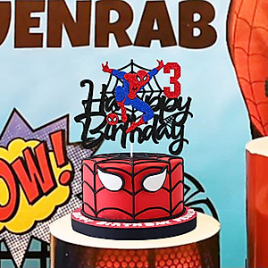 Spider 3rd Cake Topper Spider Birthday Cake Decoration Spider Happy Birthday Cake Decor for Men Boy Children Bday Party Supplies Double Sided Glitter Black Décor