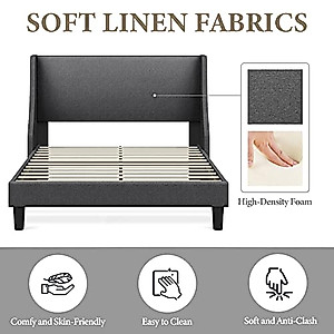 Yaheetech Queen Size Upholstered Bed Frame with 2 USB Charging Stations/Port for Type A & Type C/Linen Fabric Curved Headboard, Mattress Foundation, Strong Wooden Slats Support, Dark Grey