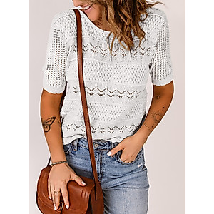 Dokotoo Women's Dressy Casual Short Sleeve Crewneck Sweater for Women Spring Summer 2025 Business Casual Tops Blouses Crochet Knit Tops White Sweaters for Women Trendy Clothing XL