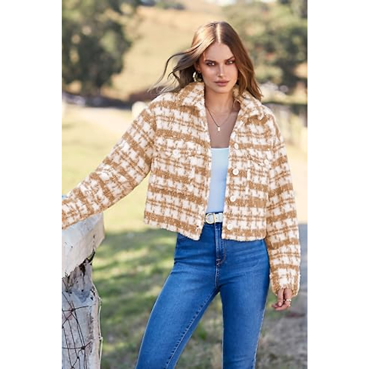 PRETTYGARDEN Women's Fall Plaid Shacket Jacket Faux Fur Lapel Open Front Cropped Winter Coats Outerwear (Light Khaki,Small)