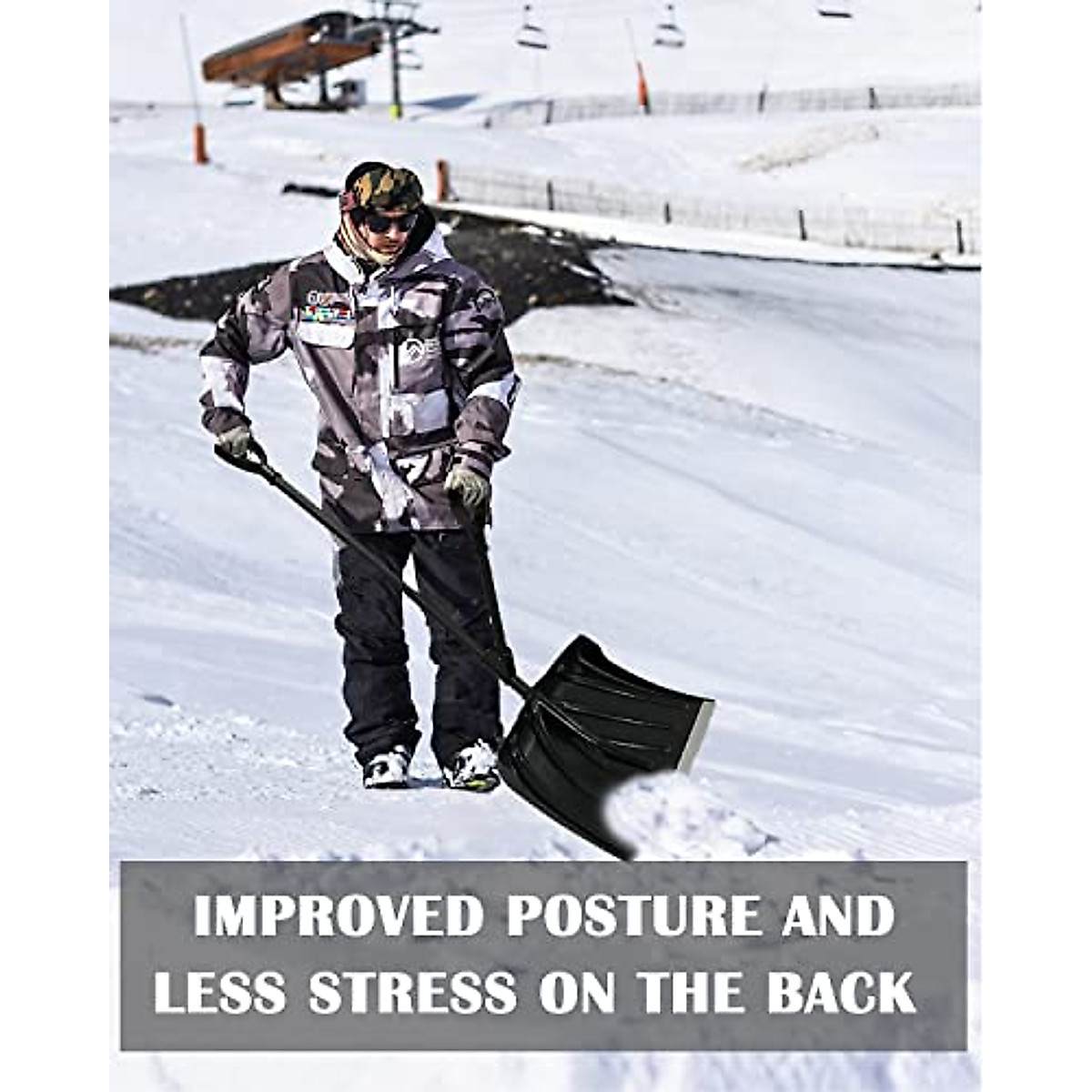 Snow Shovel for Driveway - 18-in Strain-Reducing Snow Shovel with Assisted Handle, Multifunction Emergency Snow Shovel, Lightweight Portable Sport Utility Shovel for Car Home Garage Garden (Black)