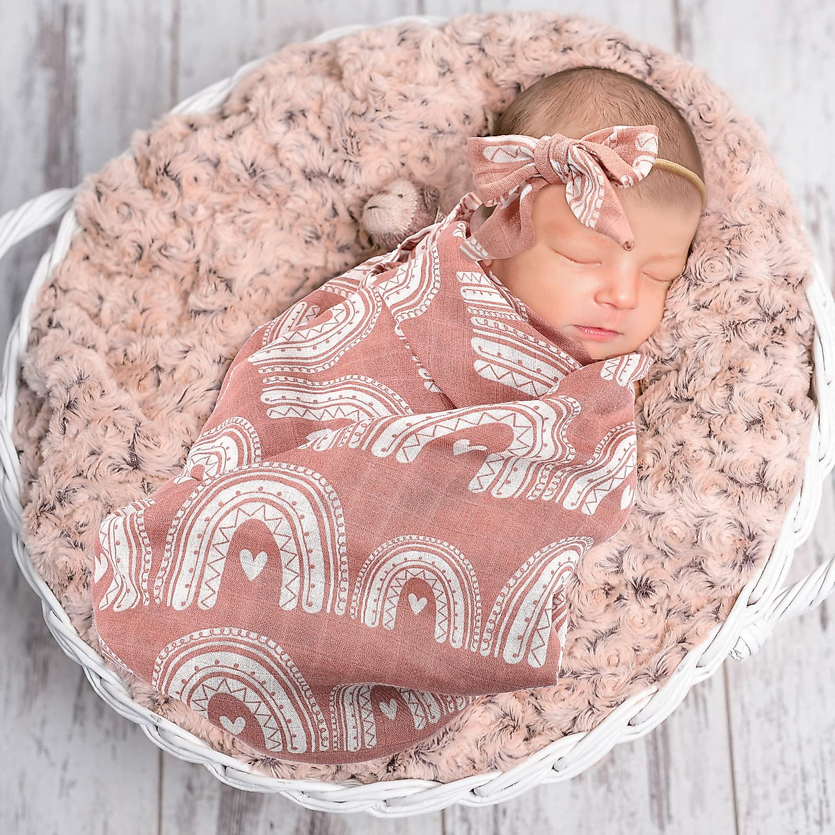 Baby Muslin Swaddle Blanket with Headbands Soft Unisex Cotton for Boys Girls Baby Swaddle Blanket Newborn Boho Rainbow Earthy Solid Color