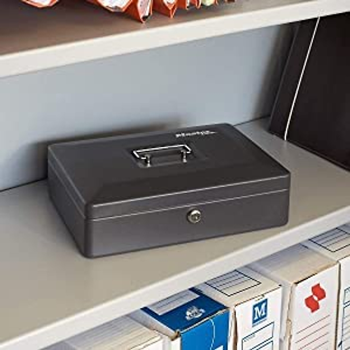 SentrySafe Cash Box with Money Tray and Key Lock, Locking Steel Cash Box, 0.21 Cubic Feet, 3.7 x 11.8 x 9.3 Inches, CB-12