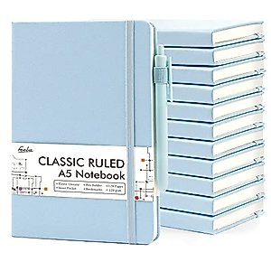 12 Pack Notebooks Journals Bulk with 12 Black Pens, Feela A5 Hardcover Notebook Classic Ruled Journal Set with Pen Holder for School Business Work Travel Writing, 120 GSM, 5.1”x8.3”, Light Blue
