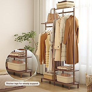 KASLANDI Solid Wood Clothes Rack,Garment Rack for Hanging Clothes,Walnut Clothing Rack with Shelves,Portable Clothes Rack,Double Clothing Rack, Freestanding Clothing Rack for Entryway and Bed Room