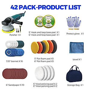 Holikme 42 Pack Dual Action Polisher，Buffer Polisher,DA Buffer Polisher Waxer, 7 Variable Speed, 6500 RPM,Car Buffers And Polishers kit,Car Accessories,Buffer Machine