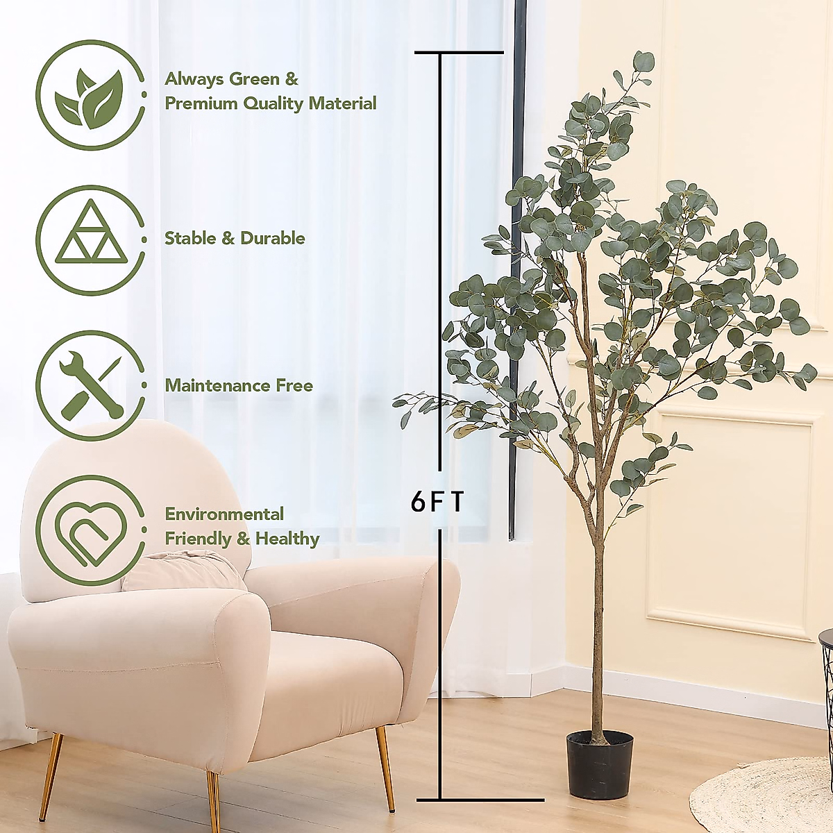 DIIGER Artificial Tree Plant Eucalyptus Tree 6FT Tall, Modern Large Fake Plant Decor in Pot for Indoor Outdoor,Home Office Perfect Housewares Gift Decoration, 71 in Eucalyptus Tree