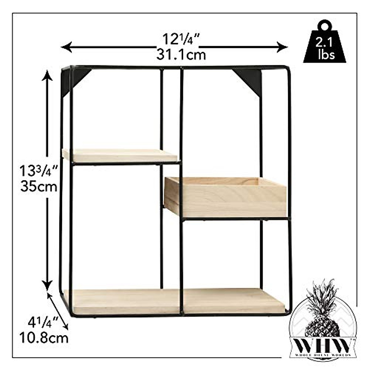 Modernist Industrial Chic Floating Box Shelf Unit, Wall Mounted, Black Iron, Includes 2 Flat Shelves, 1 Bin, Clear Finished, Solid Wood, Black Iron, 4.25 L x 12.25 W x 13.75 H Inches