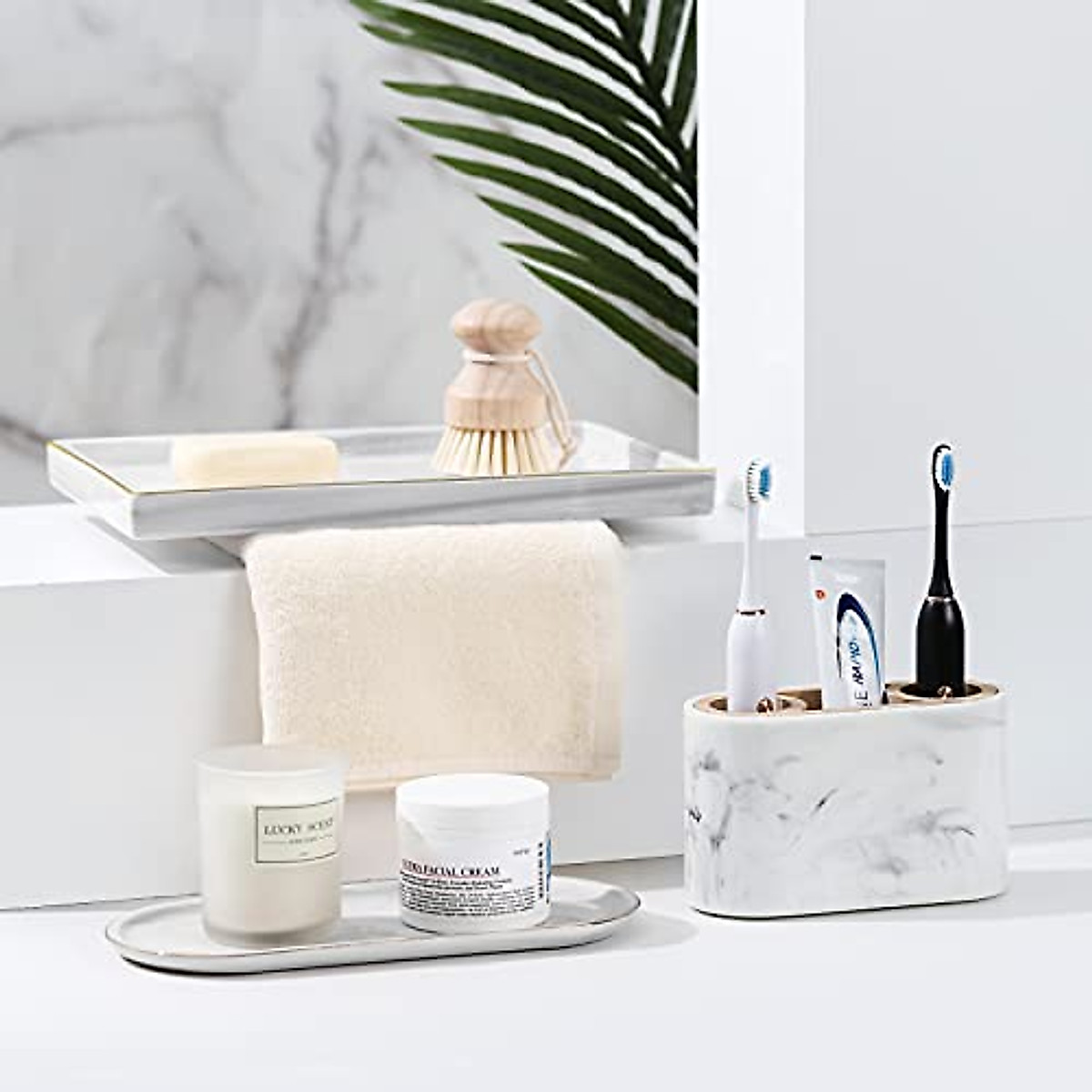 Shinowa Ceramic Vanity Tray, Bathroom Counter Tray Marble Finish Perfume Tray Rectangle Decorative Tray for Vanity Dresser Bathroom Countertop Living Room Kitchen, Large Size - Marble White