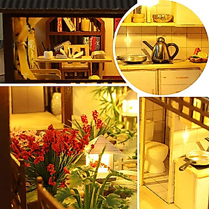 SYW Japanese Style Retro Villa Miniature Dollhouse with Furniture, DIY Miniature Dollhouse Kit with LED Light, 1:24 Scale Creative Room for Birthday Xmas Gift