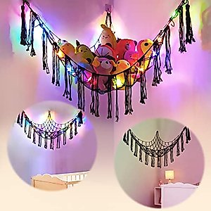 Stuffed Animal Net or Hammock with LED Light, Hanging Corner Net for Stuffed Animals Storage, Stuffed Animal Hammock Holder with Hooks for Hanging, Toy Organizer for Bedroom Nursery Crib Kindergarten