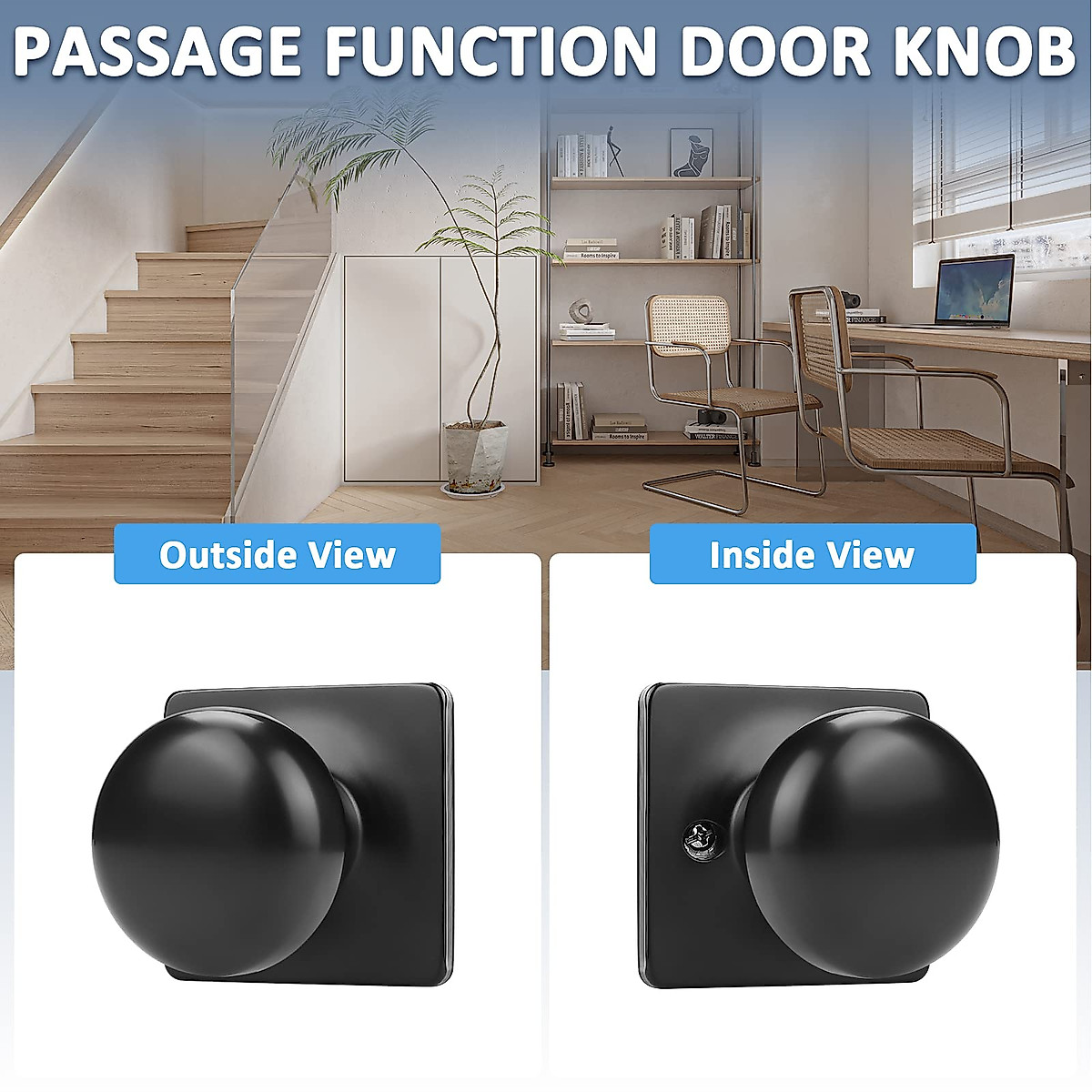 Mengico Door Knobs, 10 Pack Black Passage Door Knobs, Square Knob Faceplate, Handle for French Doors, Hallway, Non-Locking Interior Doorknob
