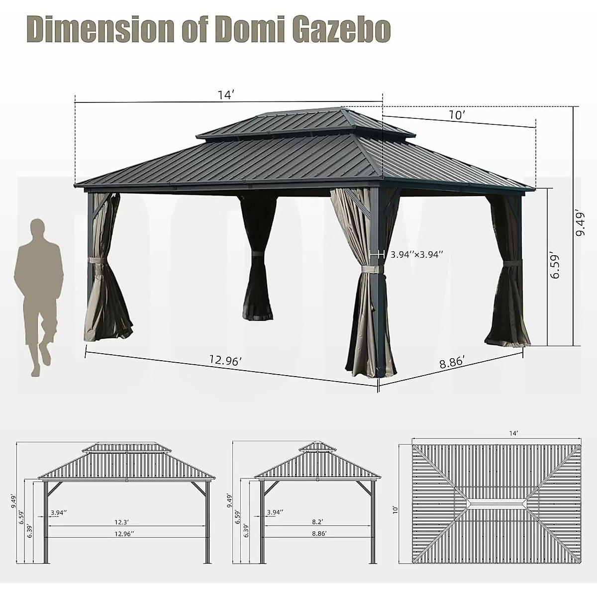Domi 10’ X 14’ Hardtop Gazebo Canopy with Netting & Curtains, Outdoor Aluminum Gazebo with Galvanized Steel Double Roof for Patio Lawn and Garden, Gray