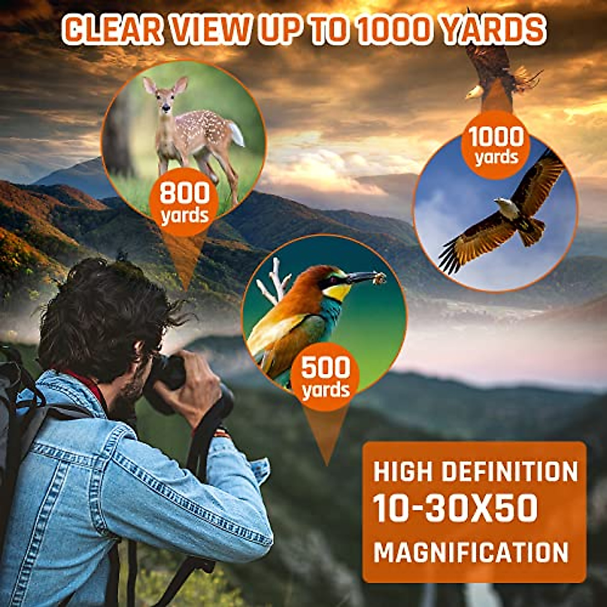 10-30x50 Zoom Binoculars for Adults, High Powered Military Binoculars for Bird Watching Traveling Hunting Concerts with Large View,BAK4,FMC Lens,Clear Low Light Vision at Night