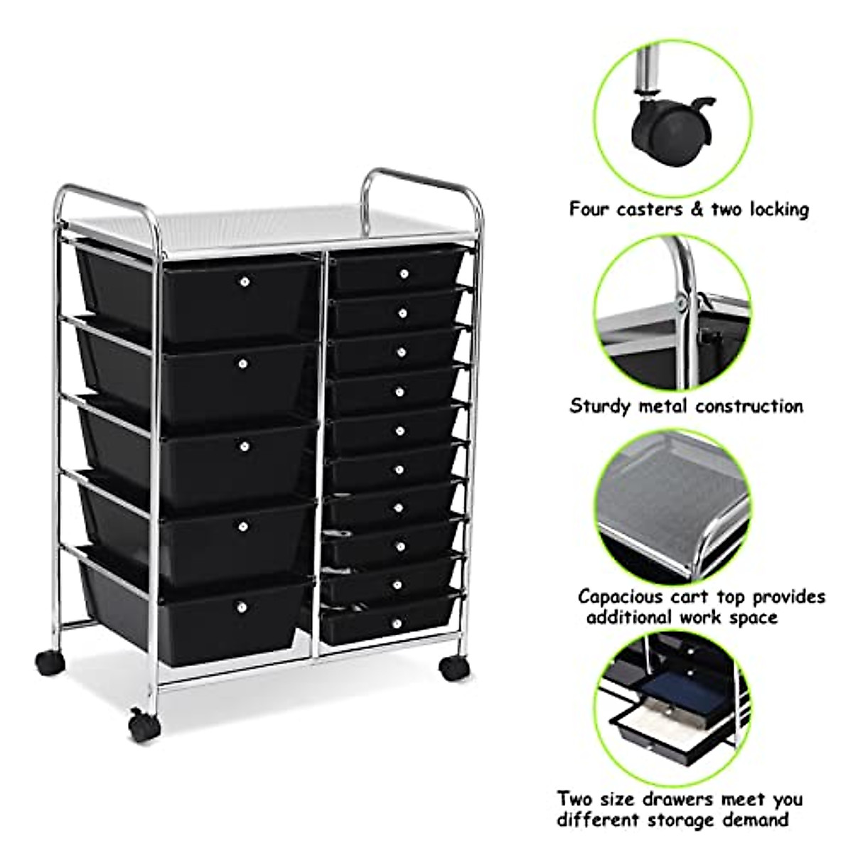 Recollections 15 Drawer Rolling Organizer Cart - Universal Rolling Cart and Organizer with Drawers for Office Multi-Use Storage (Black)
