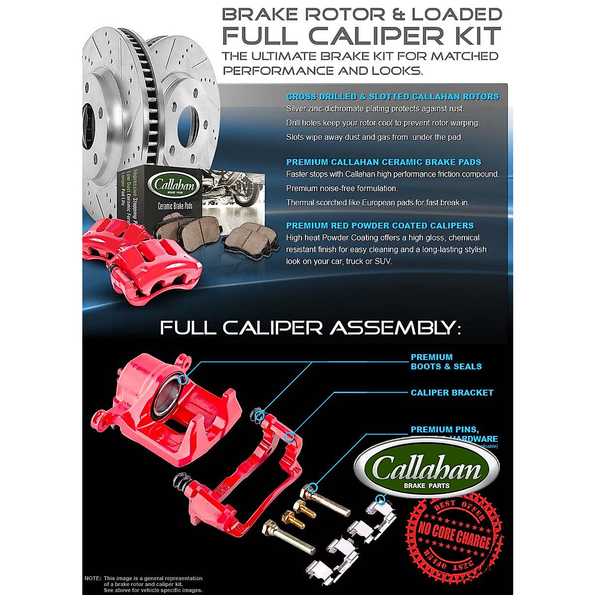 Callahan Rear Replacement Calipers and Drilled Slotted Brake Rotors + Ceramic Brake Pads + Hardware Brake Kit For Ford Edge Explorer Flex Taurus Lincoln MKS MKX