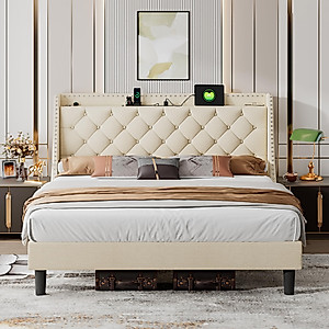 iPormis King Bed Frame with 16" Deluxe Wingback & USB & Type-C Ports, Upholstered Platform Beds with Button Tufted Storage Headboard, Solid Wood Slats Support, No Box Spring Needed, Beige