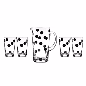 Kate Spade New York Deco Dot Polka Dot Pitcher Bundle with Glass Pitcher & Four Matching All-Purpose Drinking Glasses for Lemonade, Iced Tea, Sangria, Water, and More