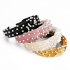 Allucho Pearl Headbands for Women, Beaded Headband Non Slip Wide Top Knot Head Bands, Black White Pink Gold Headband with Pearls Hair Accessories for Women and Girls Daily Festival Gifts